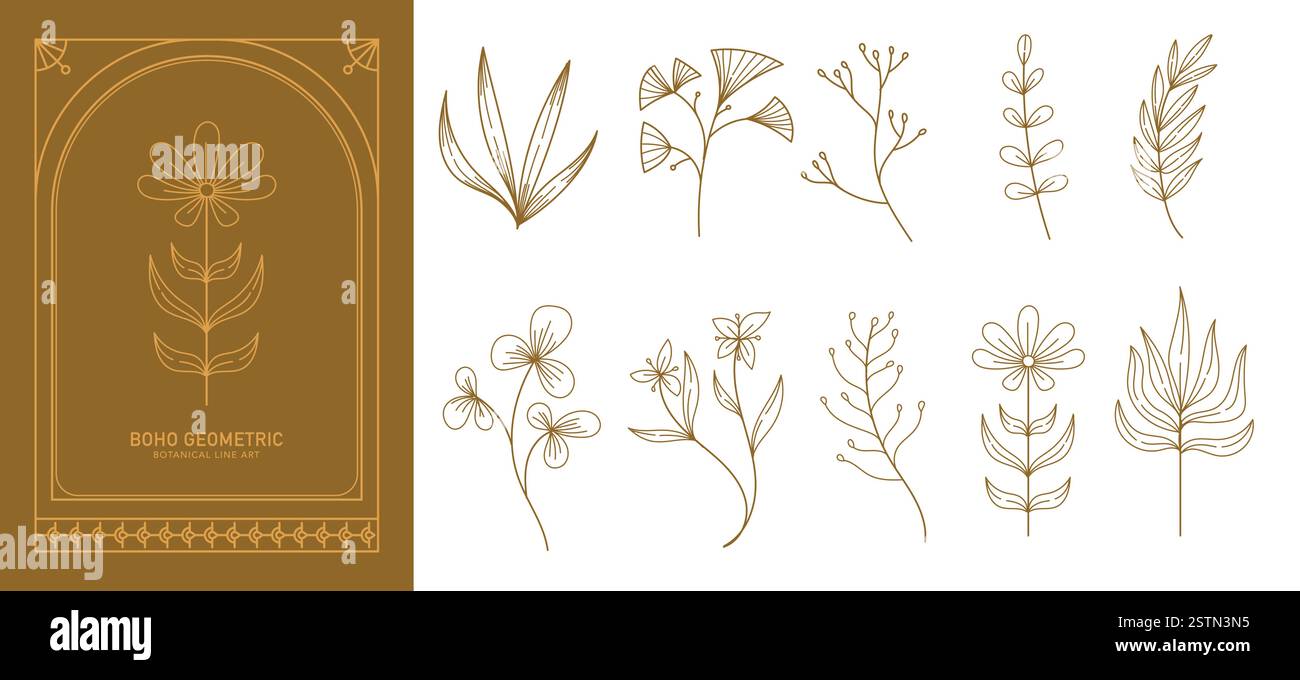 Set of boho simple geometric branch and flowers. Botanic design ...
