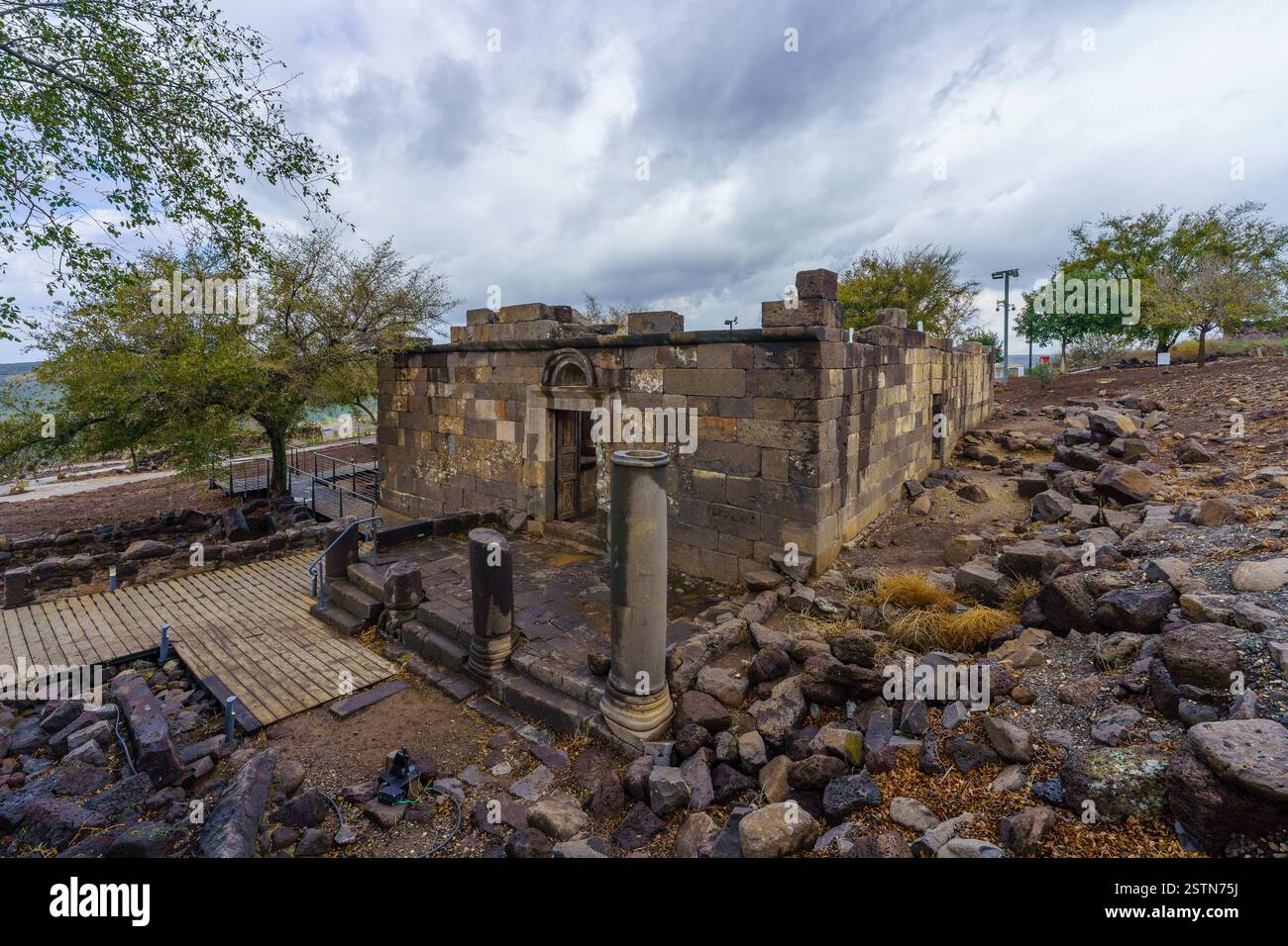 View of the restored ancient synagogue in the archaeological site of ...