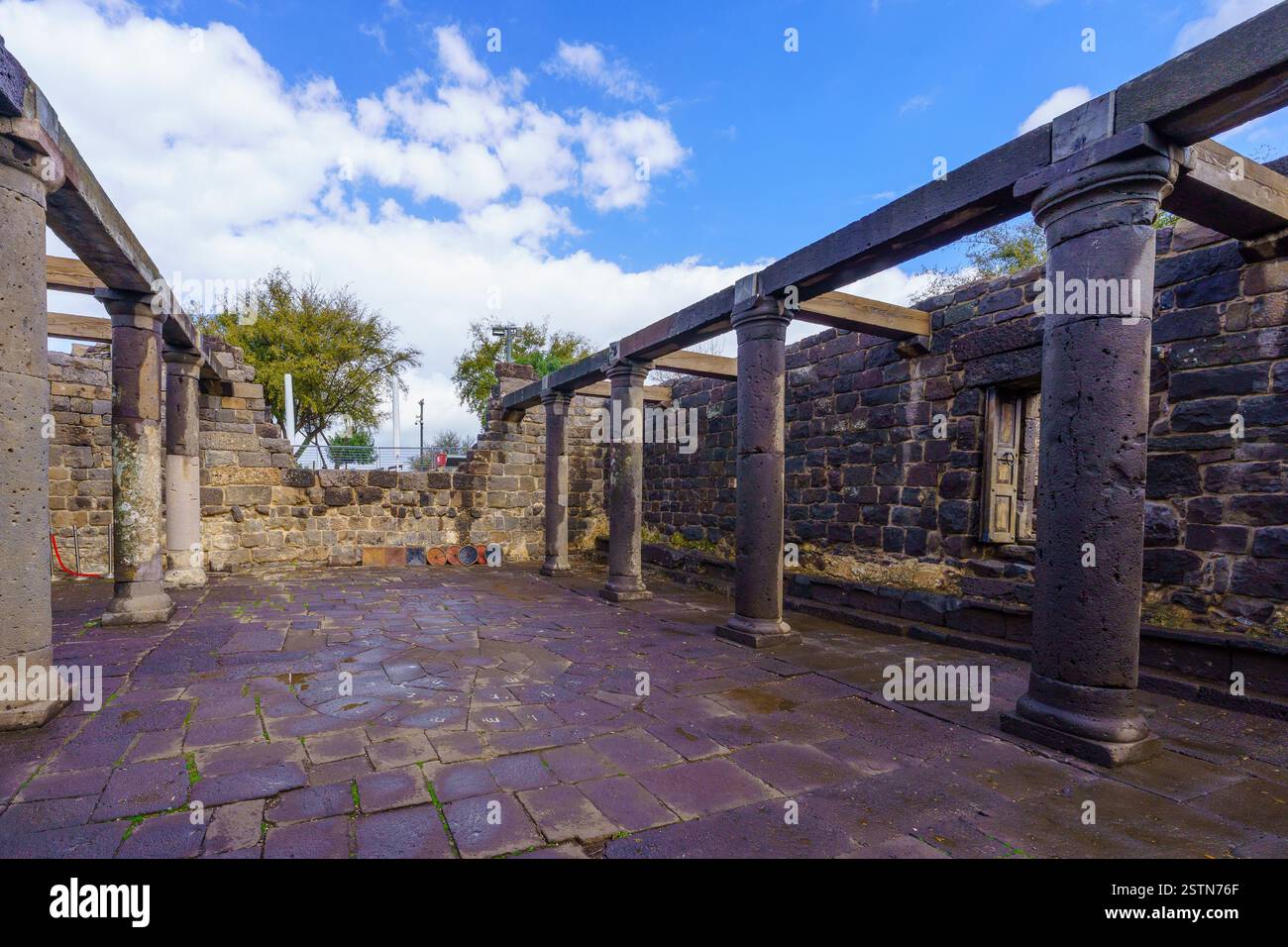 View of the restored ancient synagogue in the archaeological site of ...