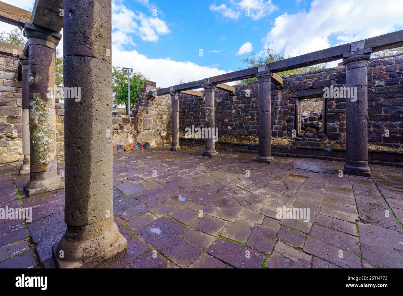 View of the restored ancient synagogue in the archaeological site of ...