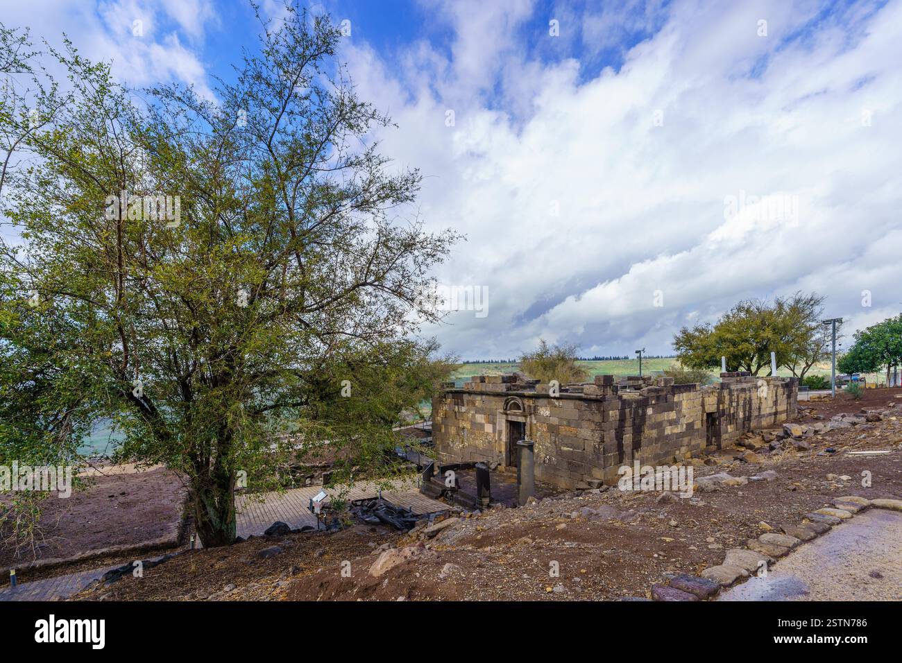 View of the restored ancient synagogue in the archaeological site of ...
