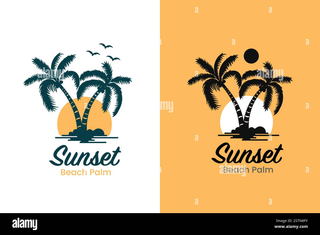 Vintage palm tree island logo design with sunset view in coast concept ...