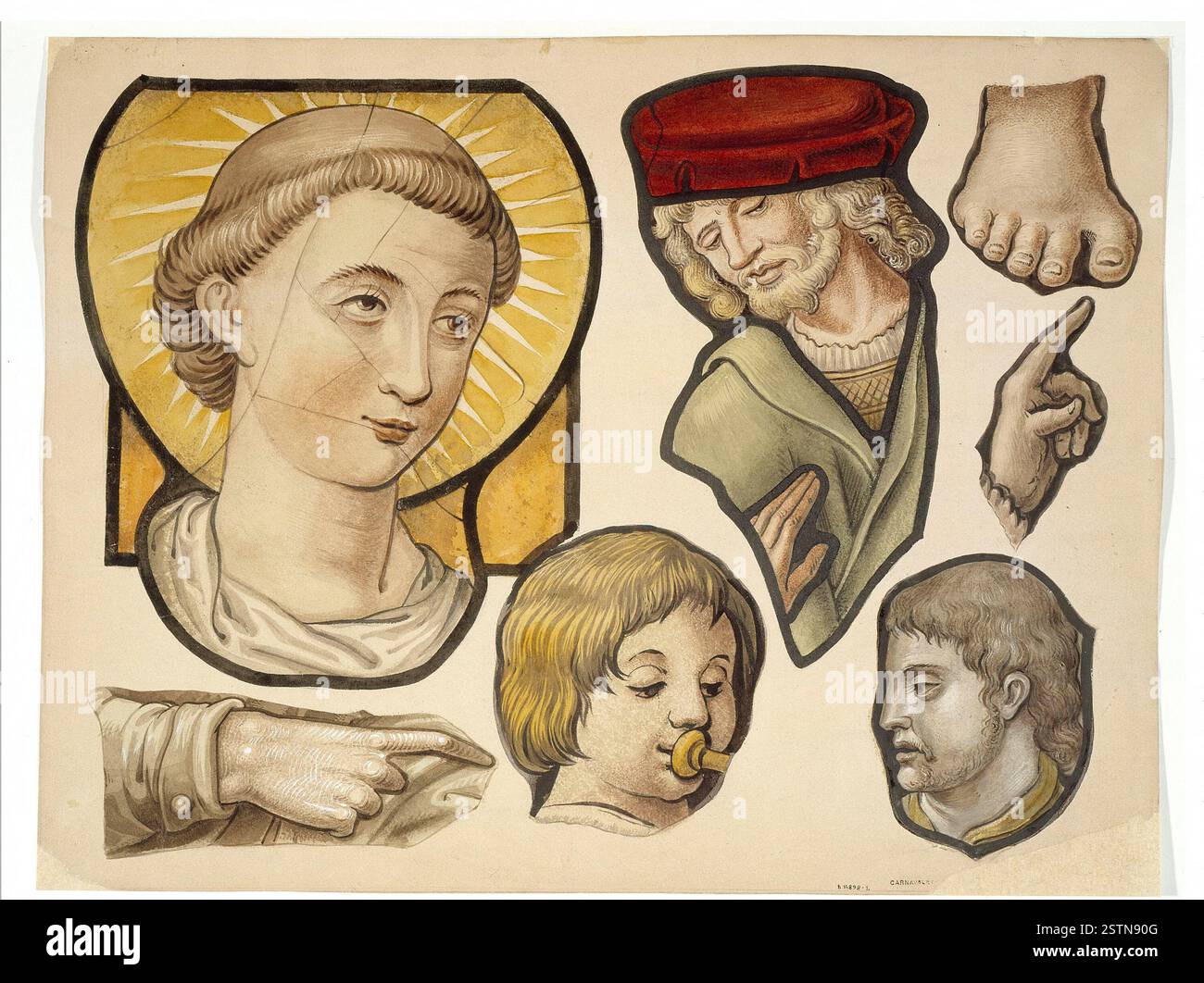 An album of six stained glass design drawings by F. Dandois, showcasing ...