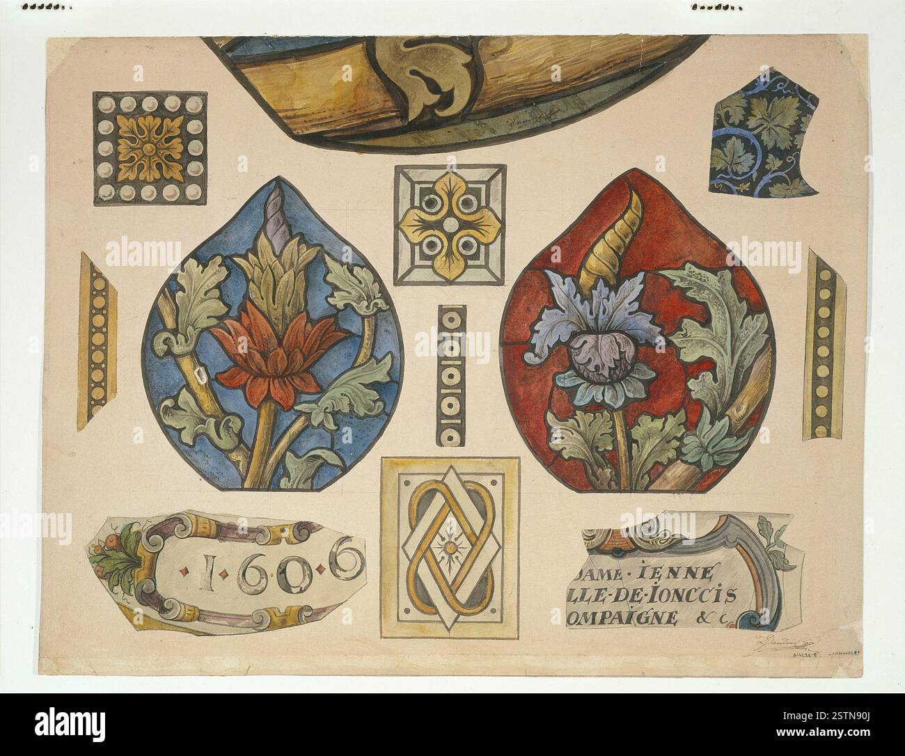 Six stained glass design drawings by F. Dandois, focusing on detailed ...