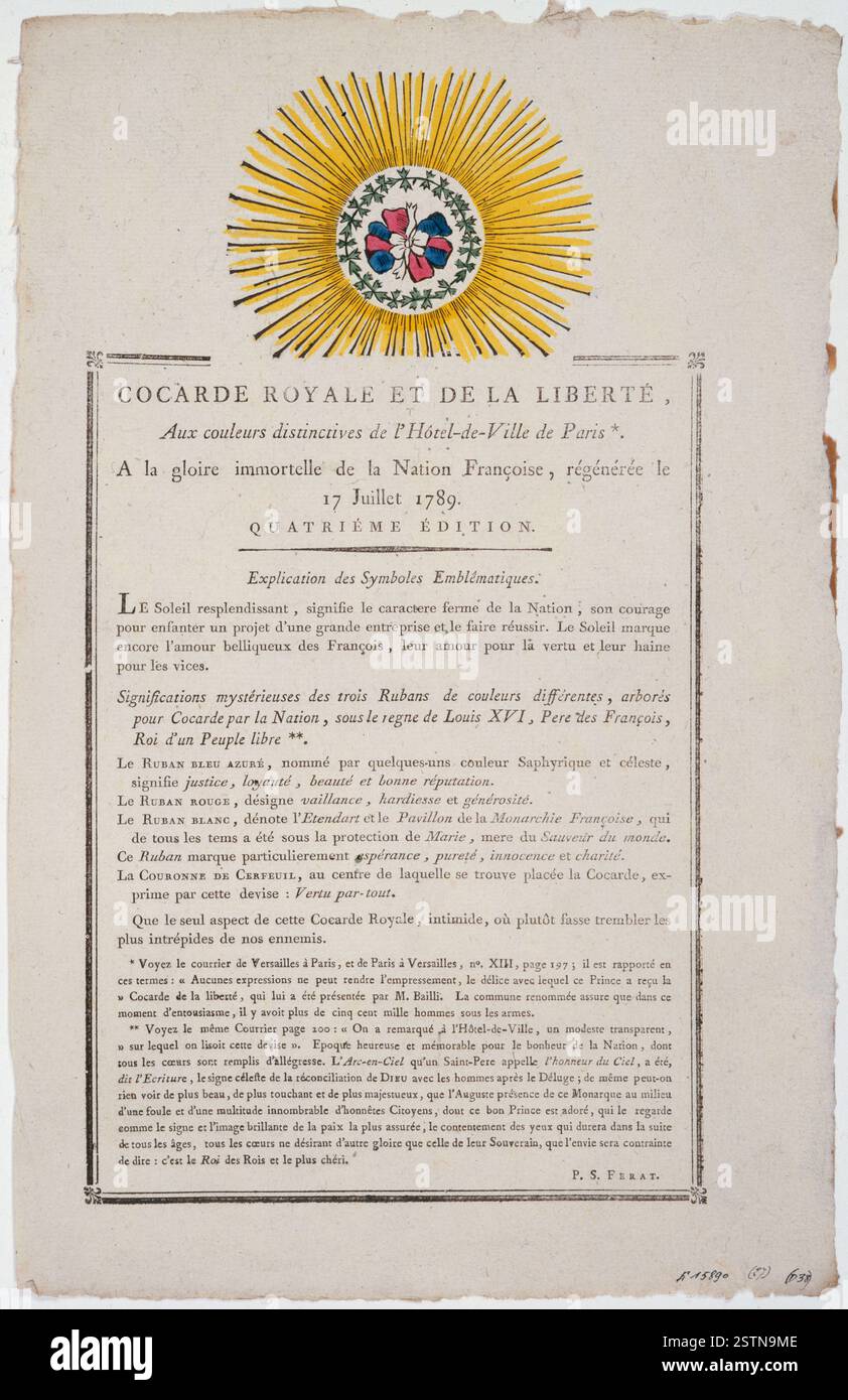 Engraving featuring the royal and liberty cockade, symbolic of the ...