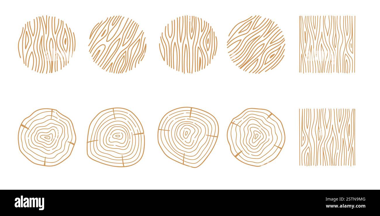 A set of abstract line art illustrations featuring tree rings and wood ...