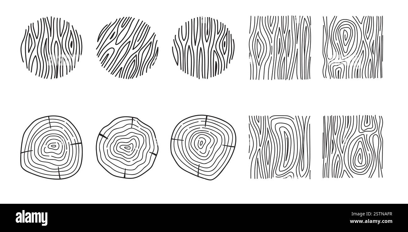 A set of abstract line art illustrations featuring tree rings and wood ...