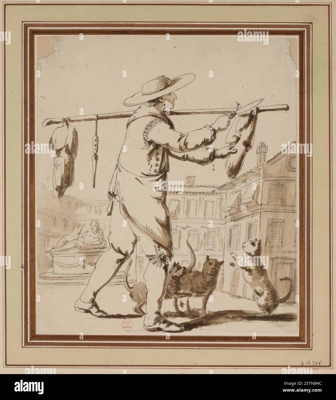 An 18th-century engraving depicting a butcher surrounded by cats ...