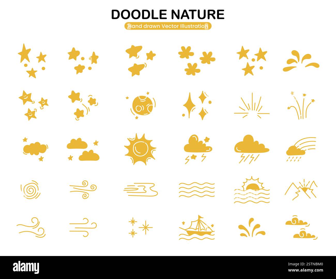Weather yellow doodle hand drawn with stars,sun clouds.Cartoon doodle ...