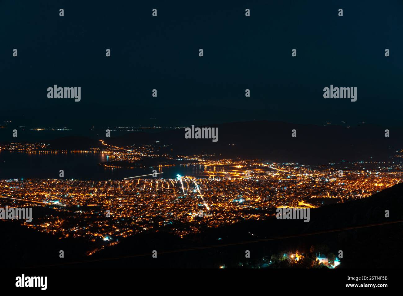 Night lights of the greek city from a birds eye view hi-res stock ...