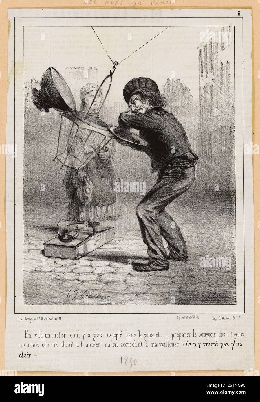 An anonymous engraving from 1850 showing a streetlamp lighter at work ...