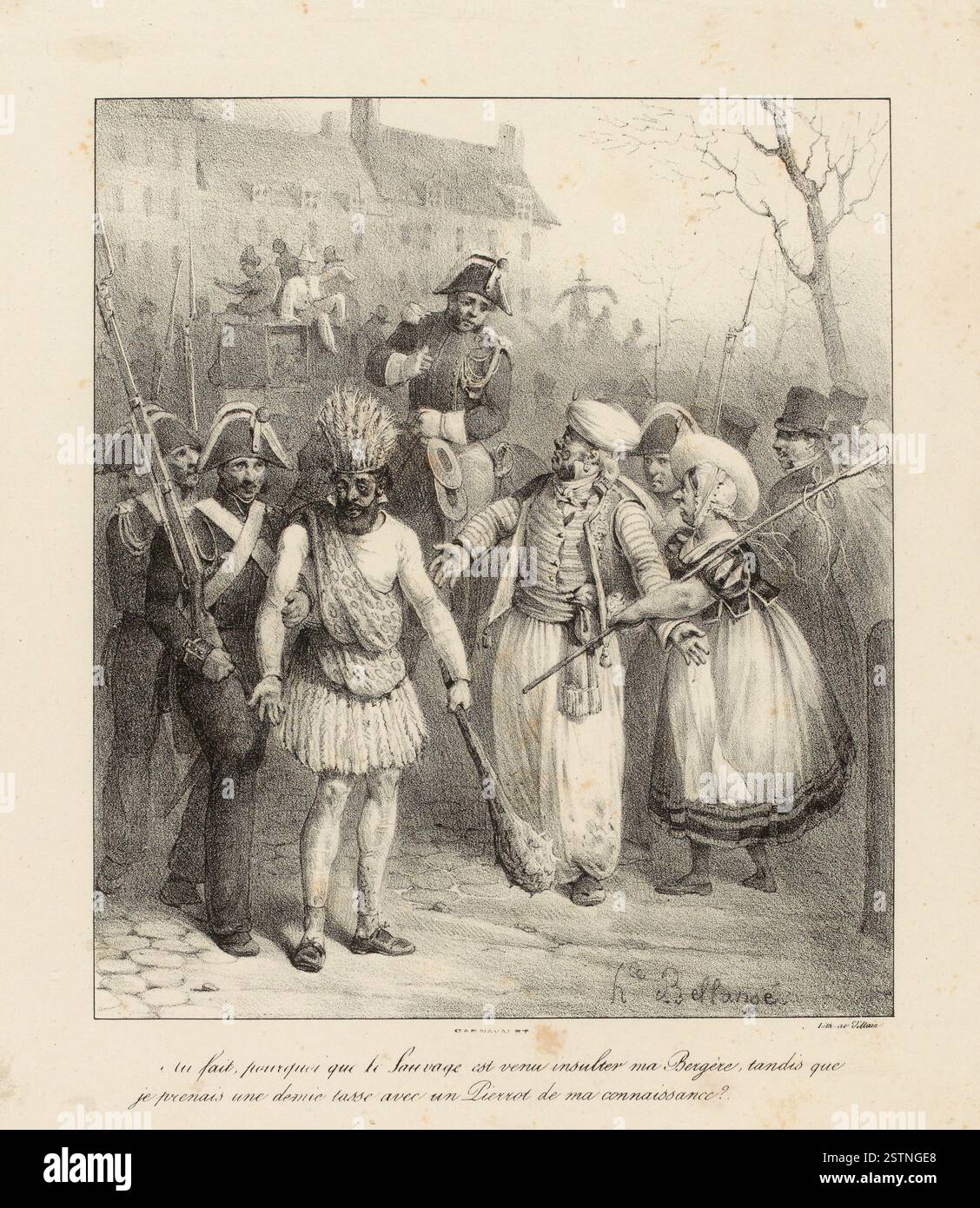 A lithograph from 1825 depicting a lively carnival scene with a crowd ...