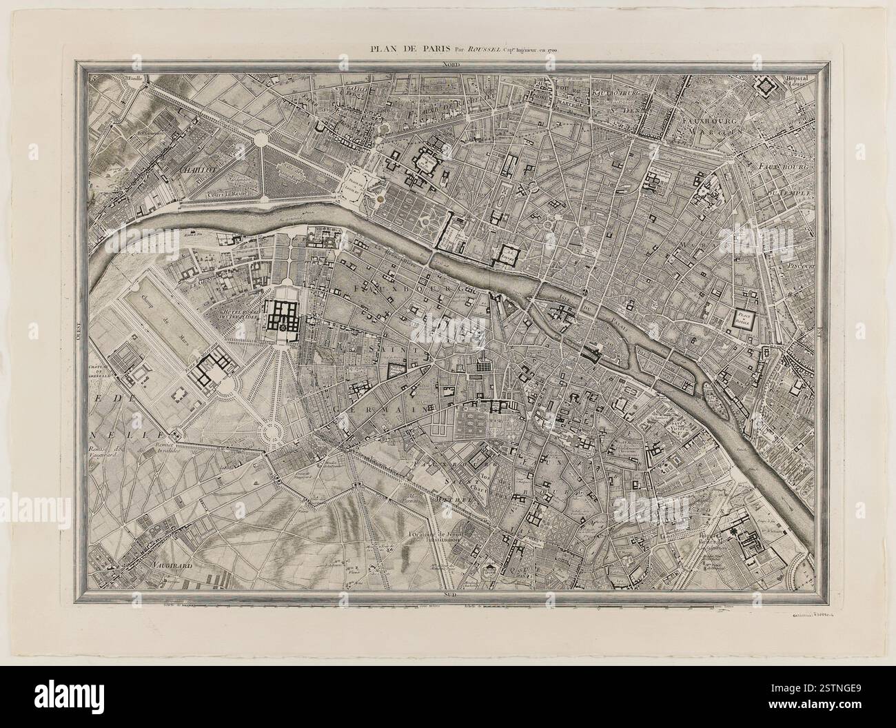 Engraving by A. Roussel, showing a detailed map of Paris and its ...