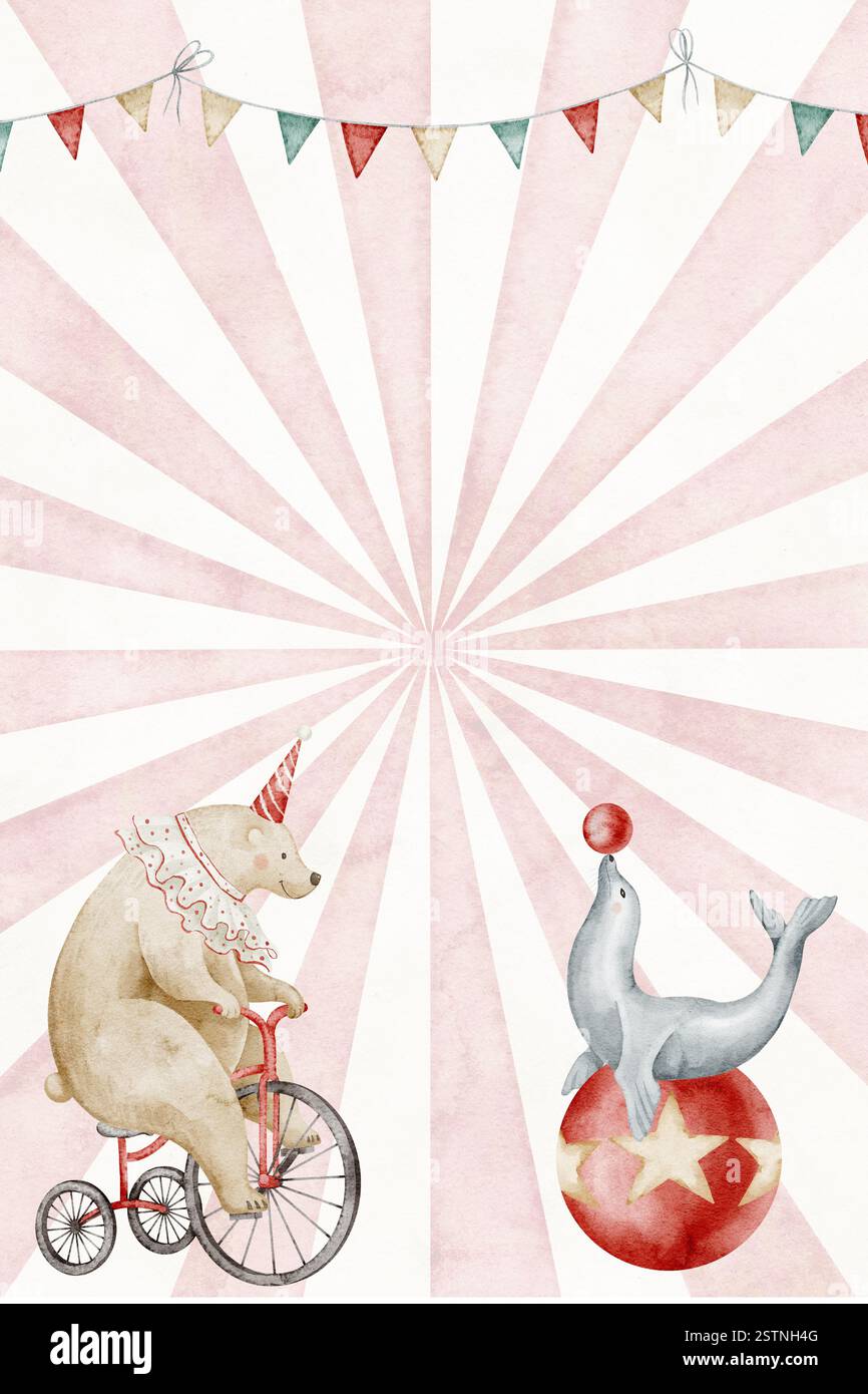 Circus card template featuring a watercolor bear on a bike and a seal balancing a ball ...