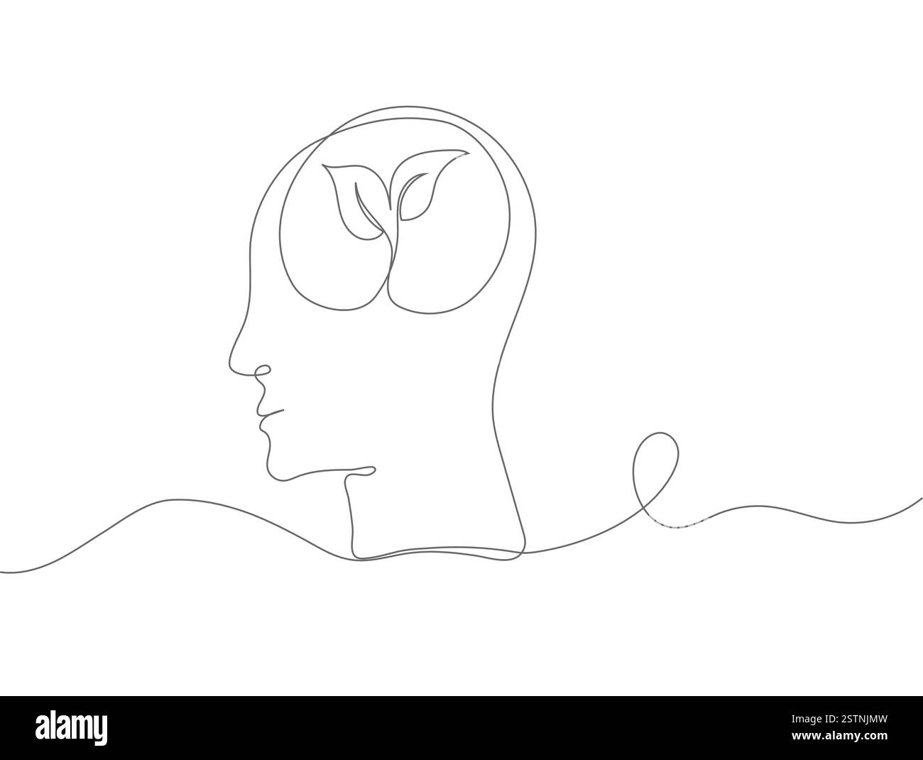 Minimalist continuous line drawing of a human head with a plant growing ...