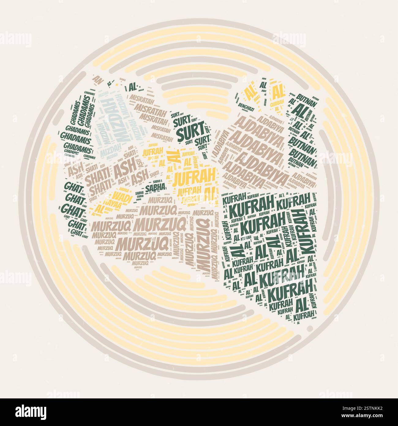 Libya round poster. Typography style image of country. Regions word ...