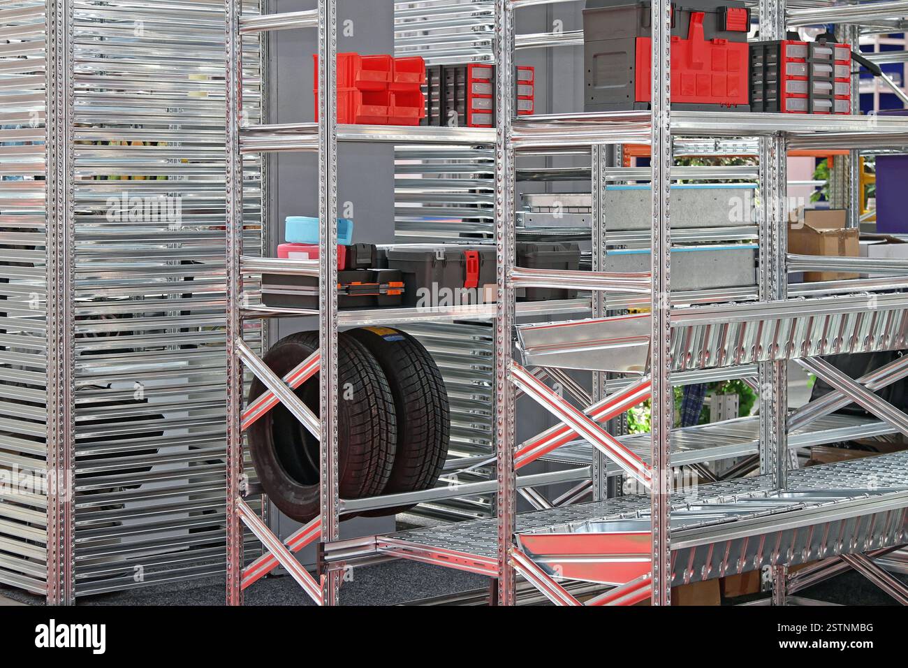 Modular metal shelving system in storage room hi-res stock photography ...
