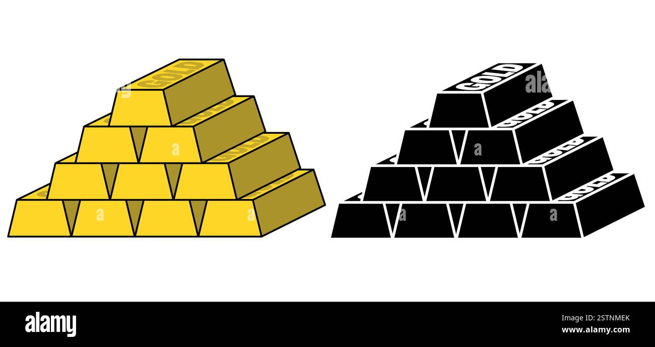 Stack of gold bars, precious metal bars in colour and black silhouette isolated on a white ...