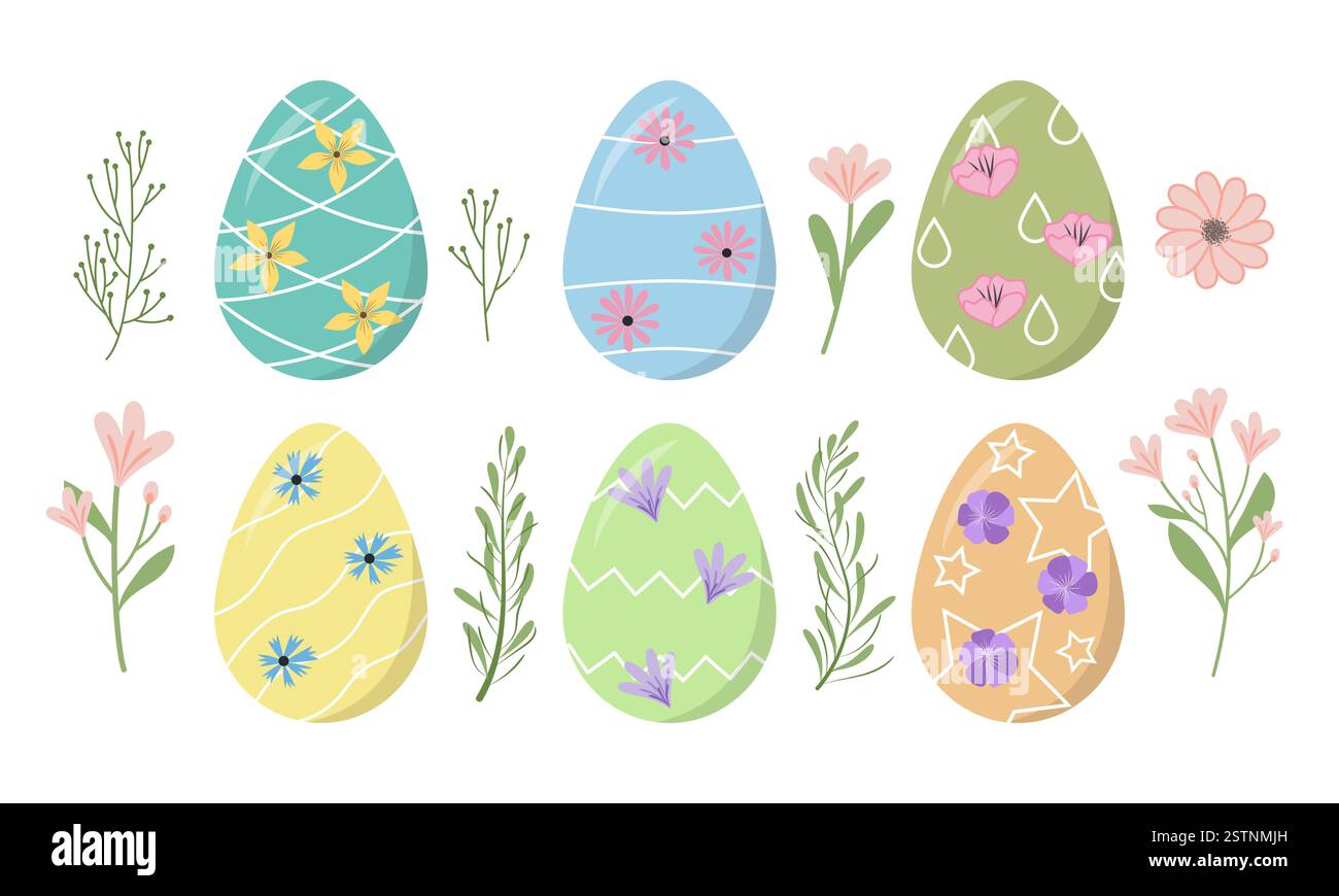 Floral Easter Eggs Collection with Decorative Spring Elements, Holiday ...