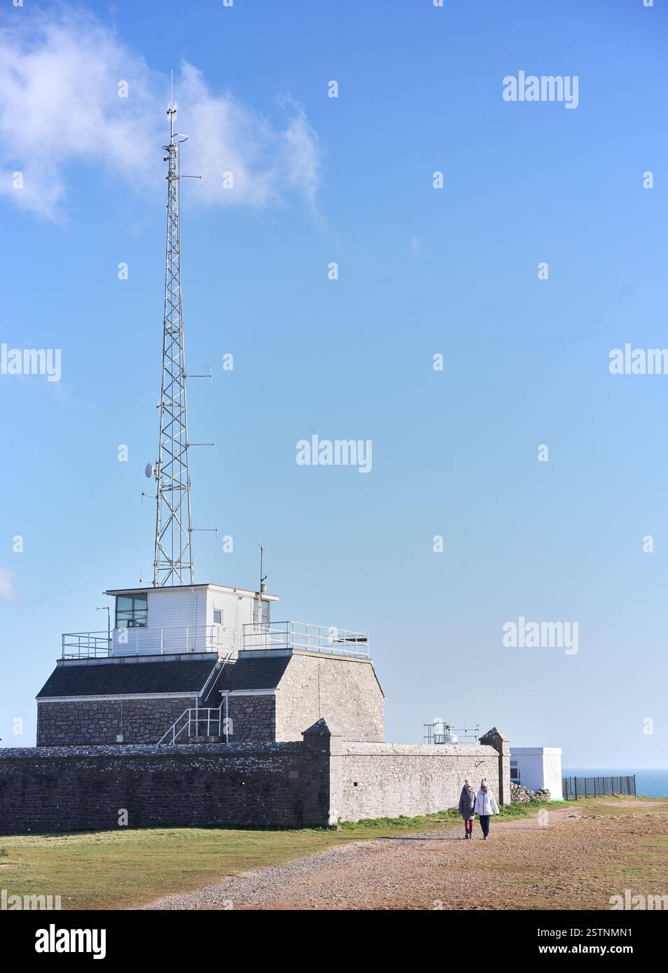 Radio aerial mast at the former powder magazine on Berry Head headland, Brixham, Devon, England ...