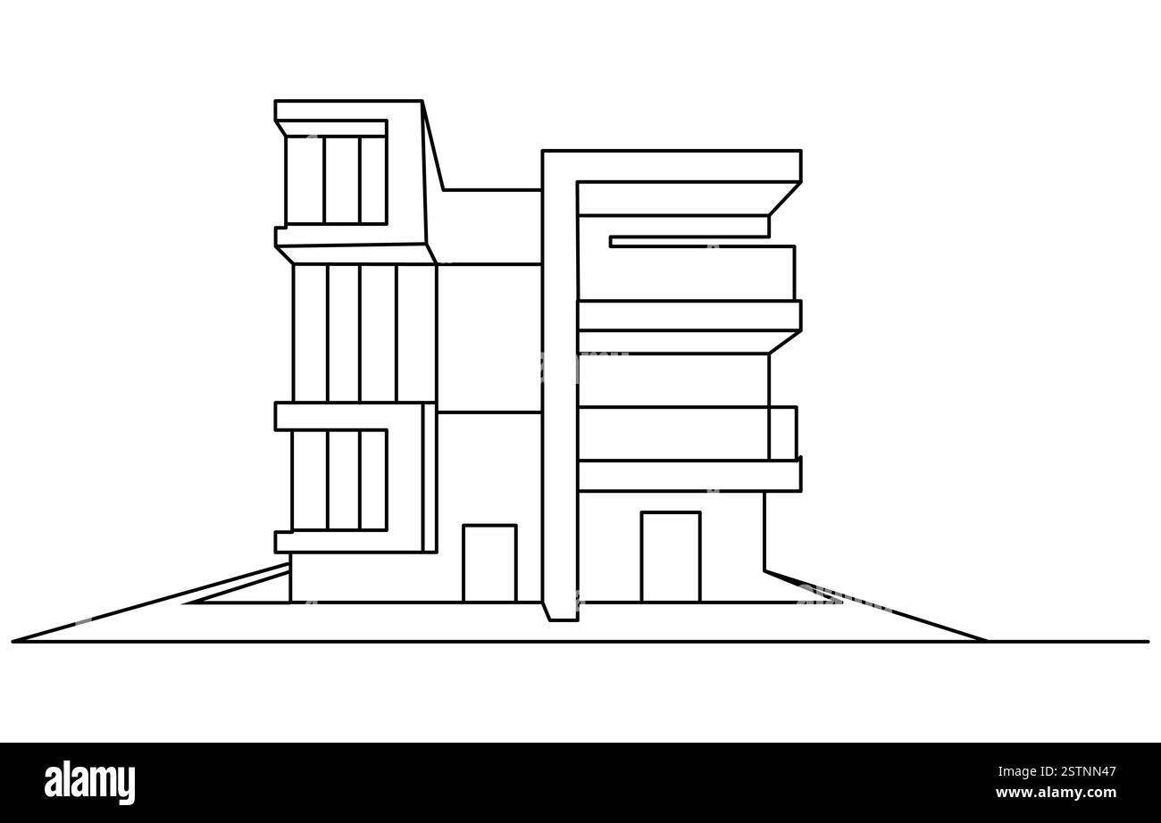 Flat roof house or commercial building in continuous line art drawing ...