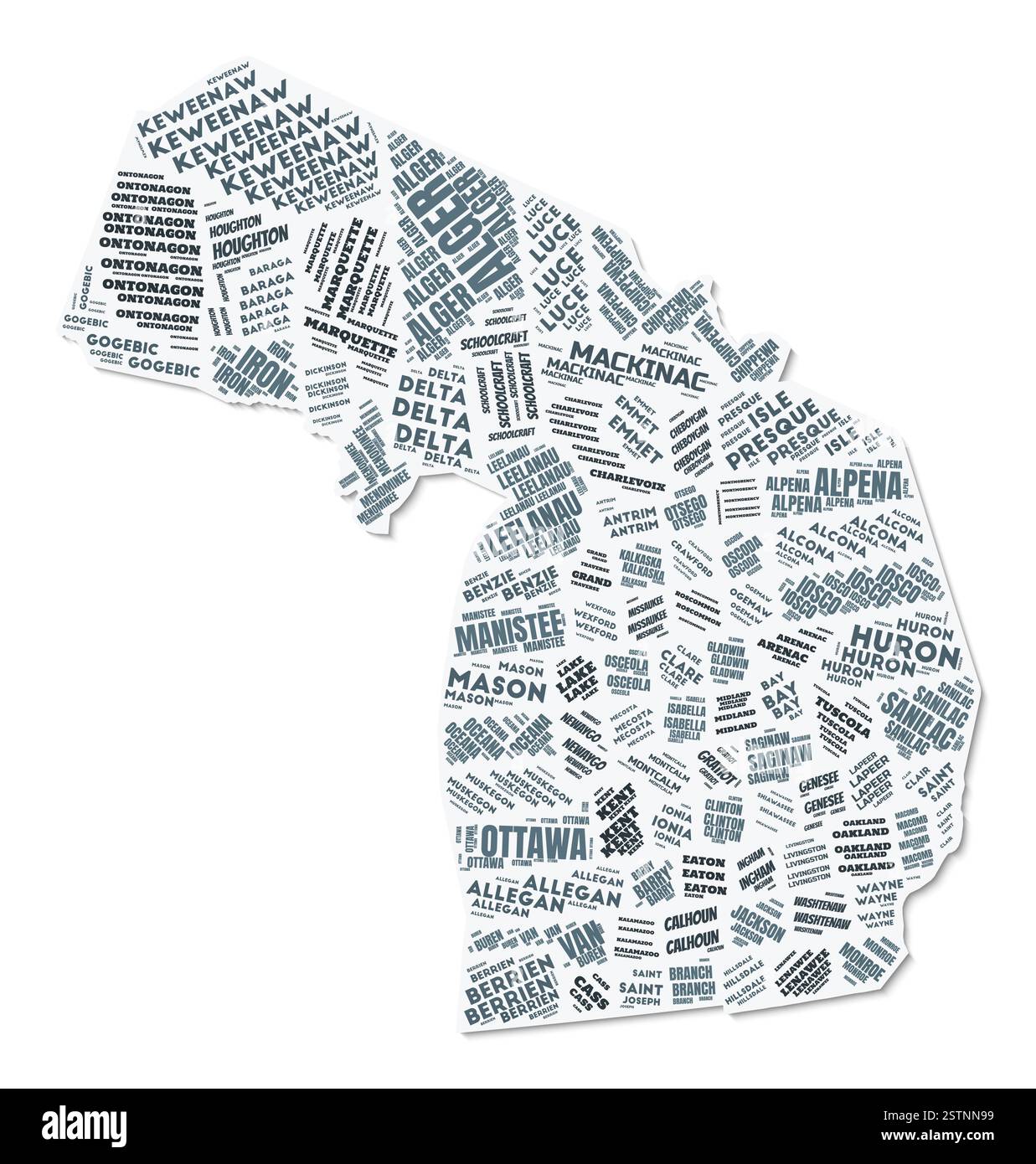 Michigan shape text cloud. State border with shadow on white background ...