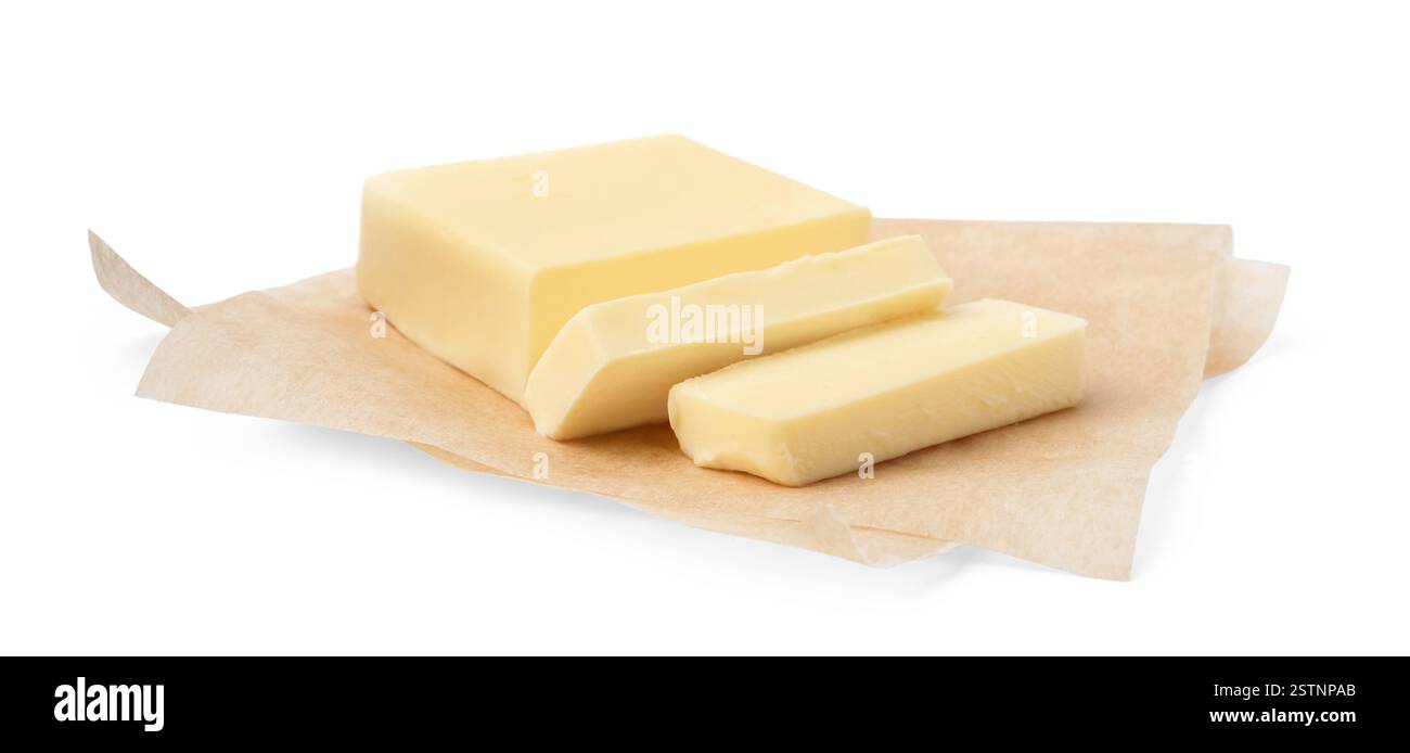 Cut block of fresh butter isolated on white Stock Photo - Alamy
