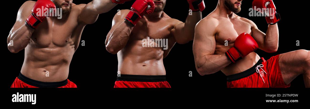 Fighter practicing in boxing gloves on black background, closeup ...