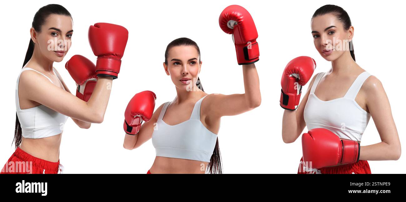 Fighter wearing boxing gloves on white background. Collage of photos ...