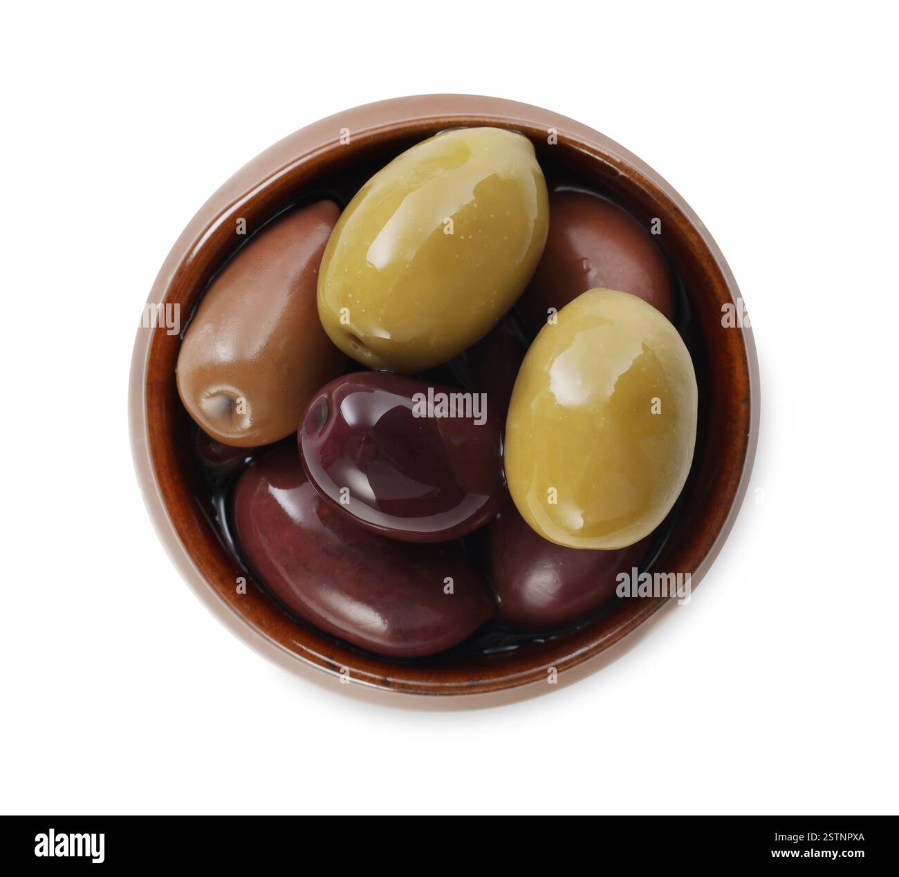 Delicious marinated olives in bowl isolated on white, top view Stock ...
