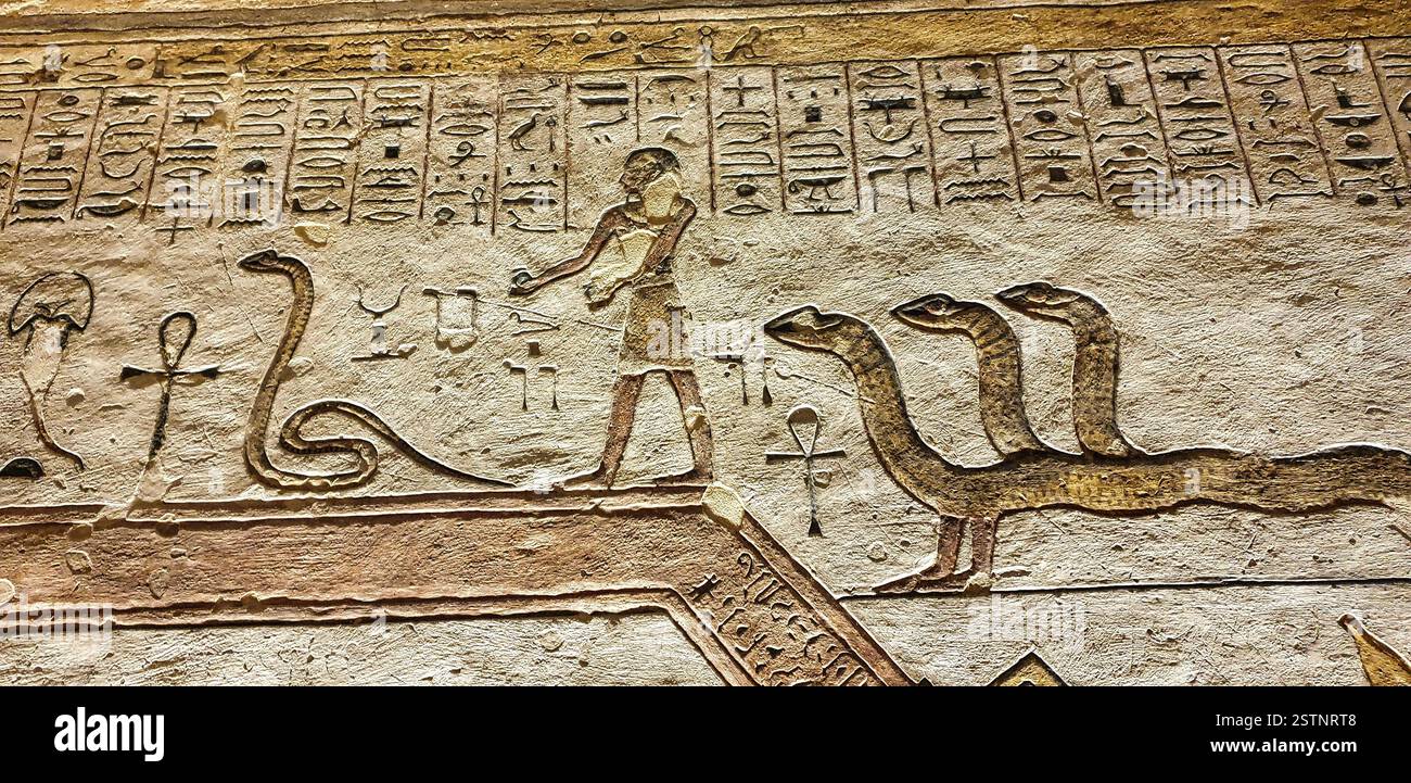 Wall relief of a snake creature with three heads and human feet in the ...