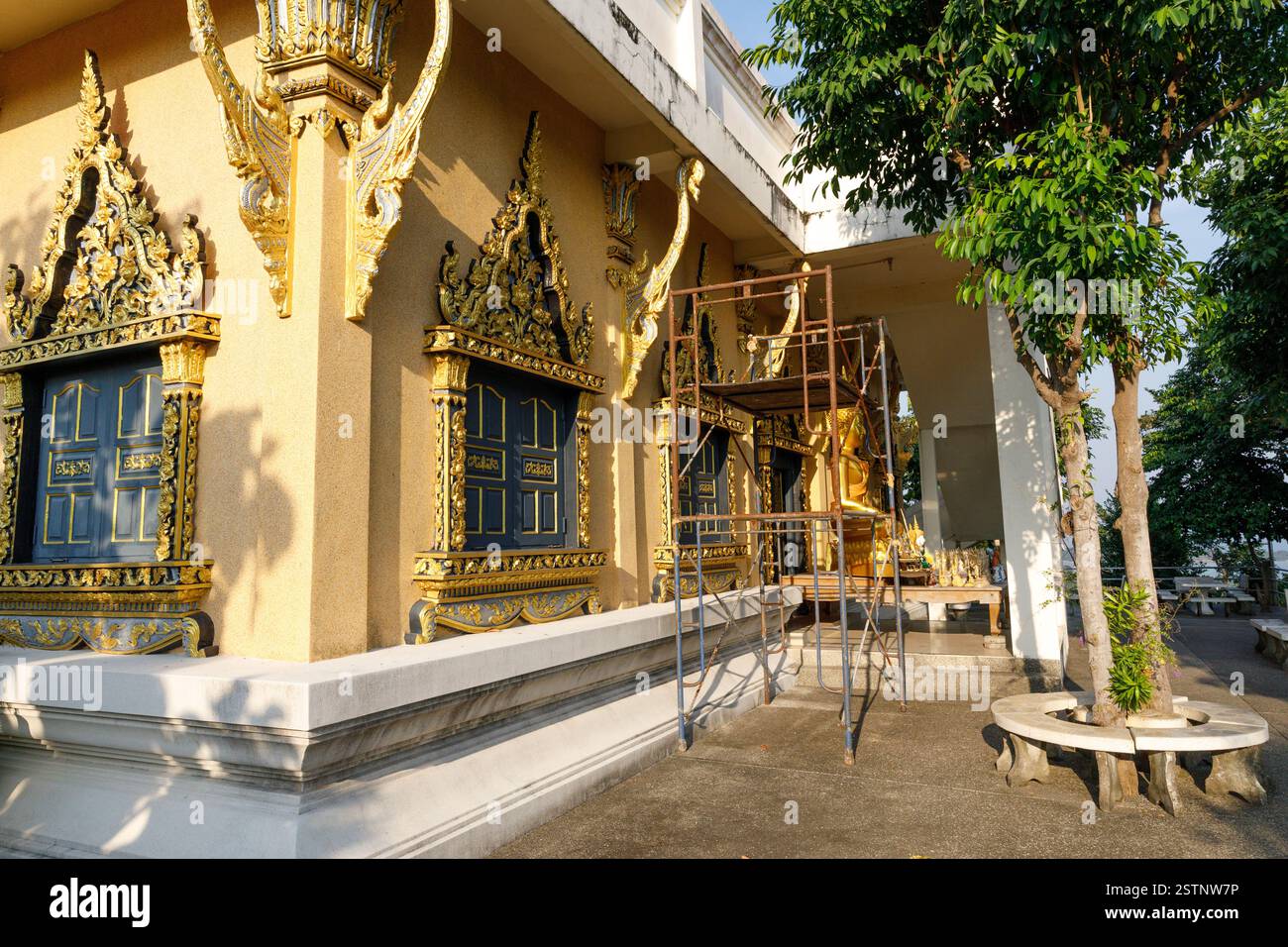 Ornate blue and gold temple windows at Kao Hua Jook Pagoda in Ko Samui ...