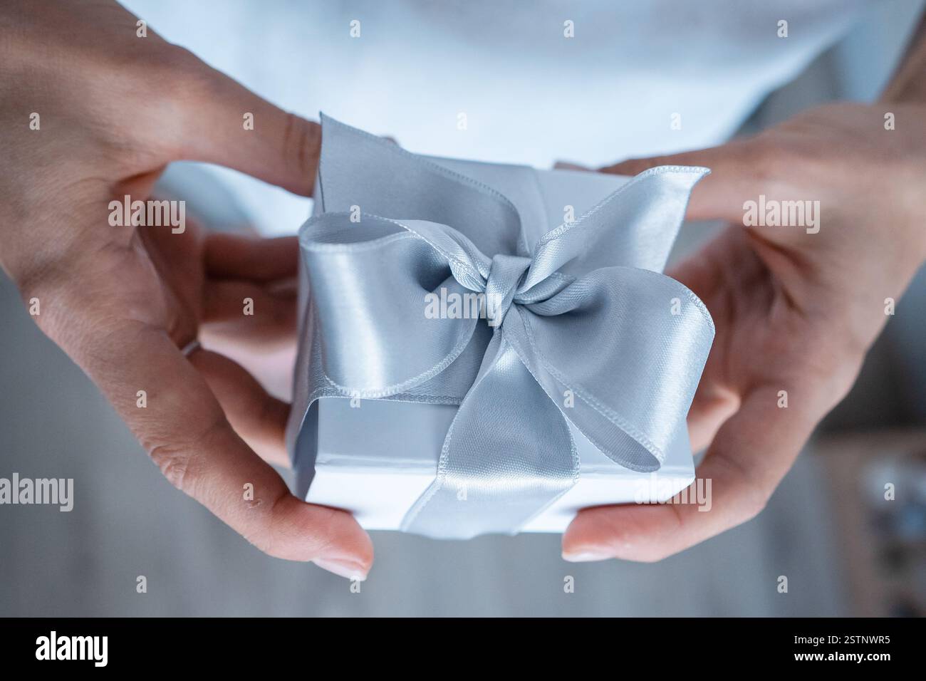 Woman hands holding Gift box, close-up. Wide angle format backdrop ...