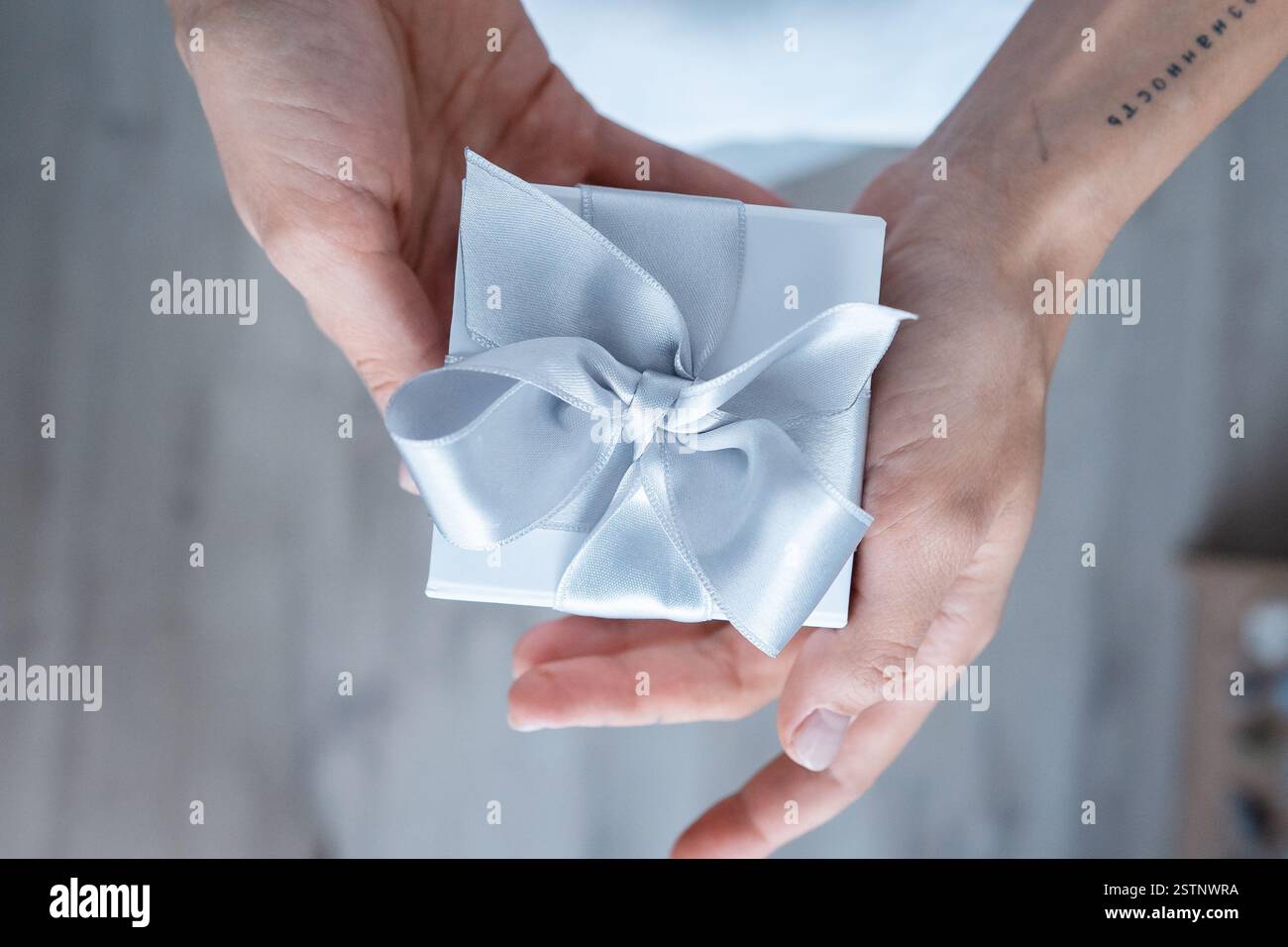 Woman hands holding Gift box, close-up. Wide angle format backdrop ...