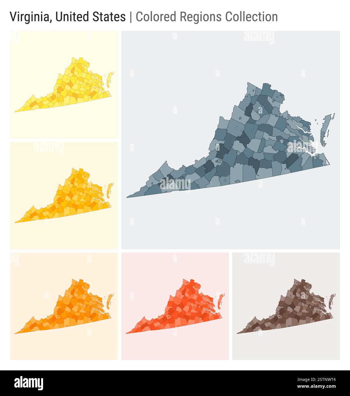 Virginia, United States. Map collection. State shape. Colored counties ...