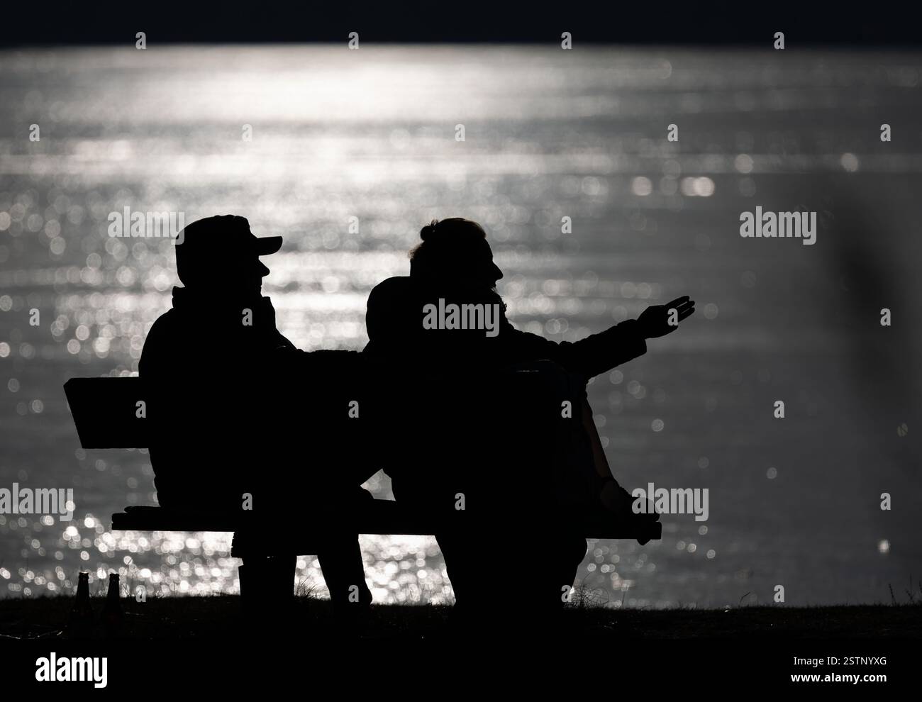 Lenz, Germany. 19th Feb, 2025. Two walkers sit on a bench on the shore ...