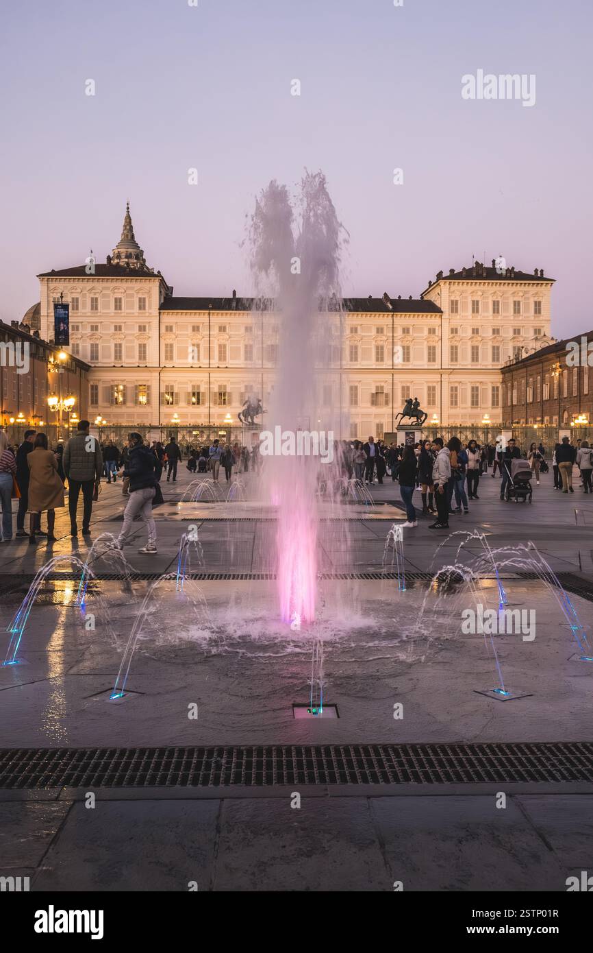 Turin, Italy. Water games with splashes and colors in Piazza Castello ...
