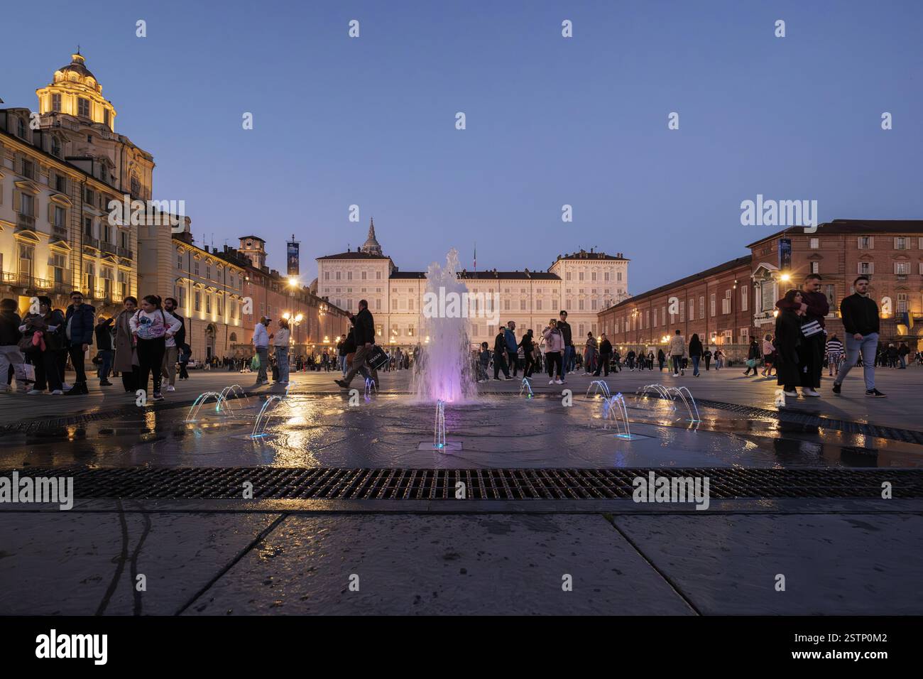 Turin, Italy. Water games with splashes and colors in Piazza Castello ...