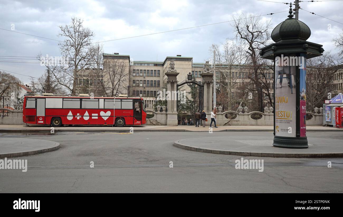 Blood donation red bus parked at city park in belgrade hi-res stock ...