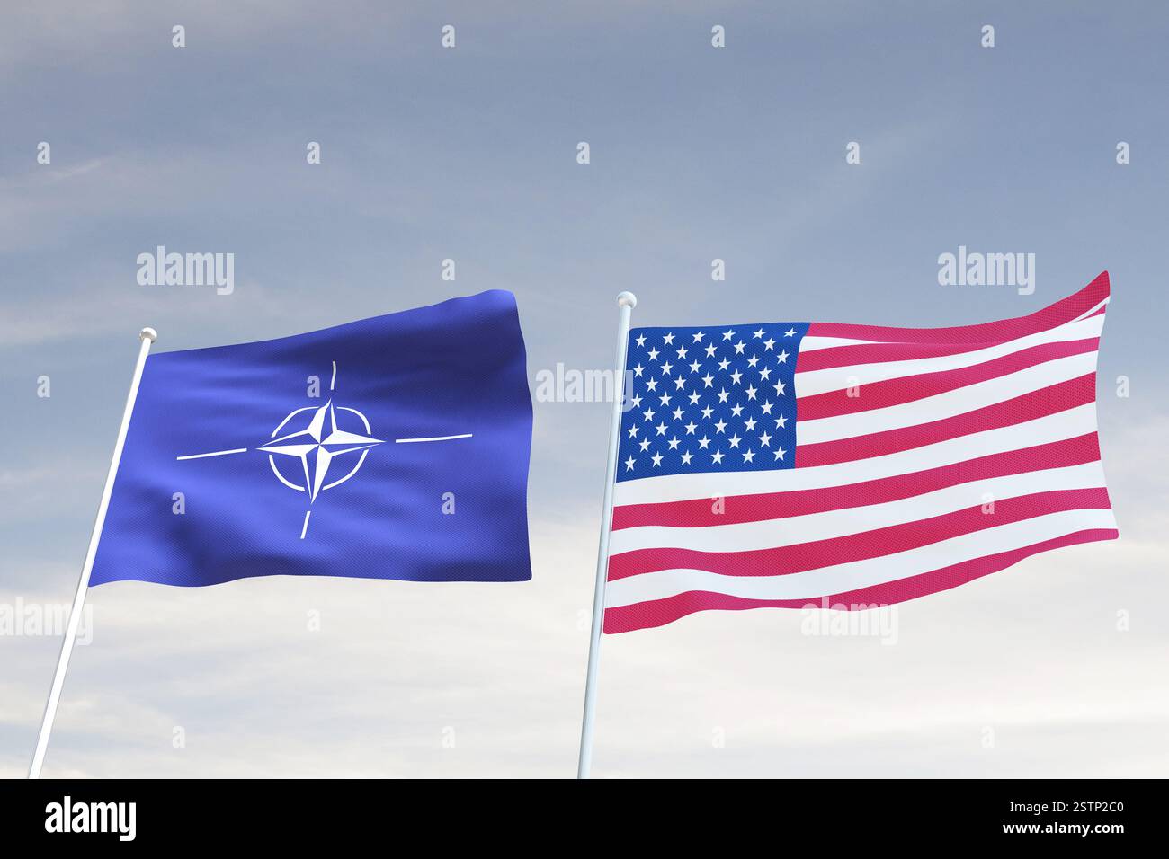 Flags of NATO and United States of America USA waving with cloudy blue ...