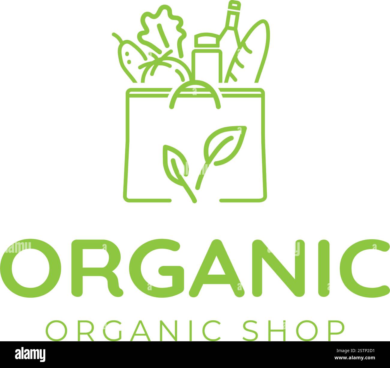 Grocery paper bag with organic food linear logo. Vegetarian grocery ...