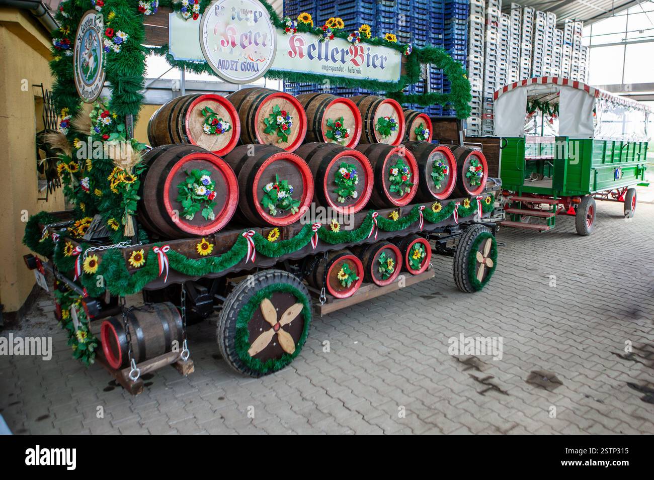 Traditional German beer wagon loaded with wooden barrels of keller ...