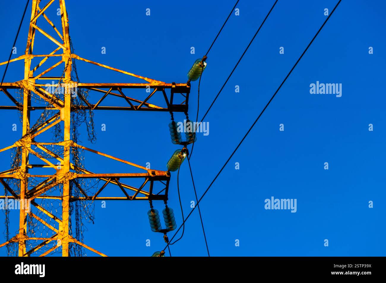 Power tower detail. Electric insulators mounted on rusty power-tower ...