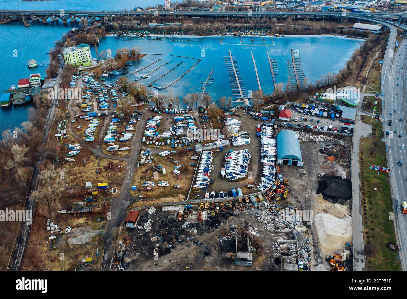 Aerial view of boat yard on land. Stored ships during winter time Stock ...