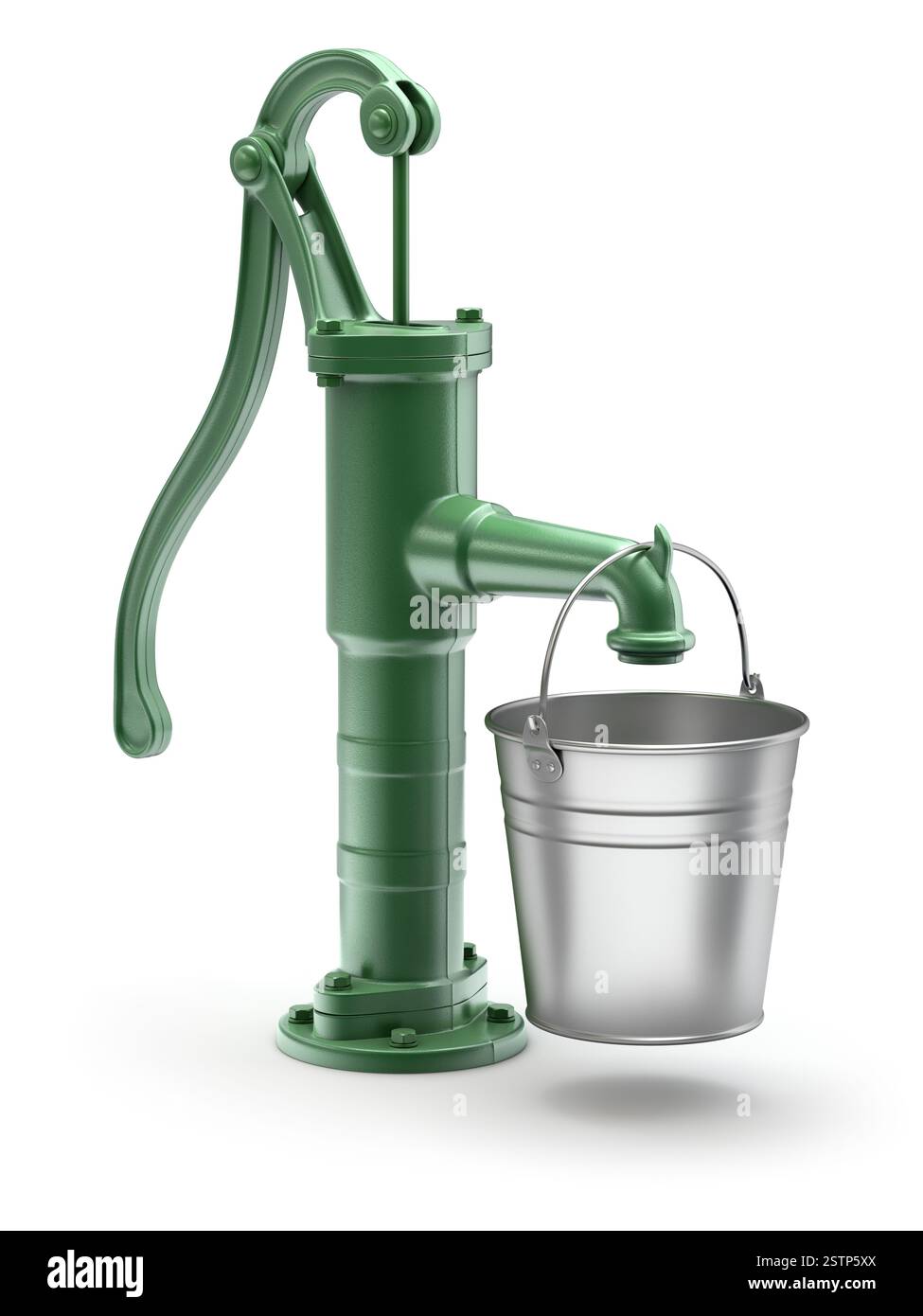 Green vintage water pump with iron bucket - 3D illustration Stock Photo ...