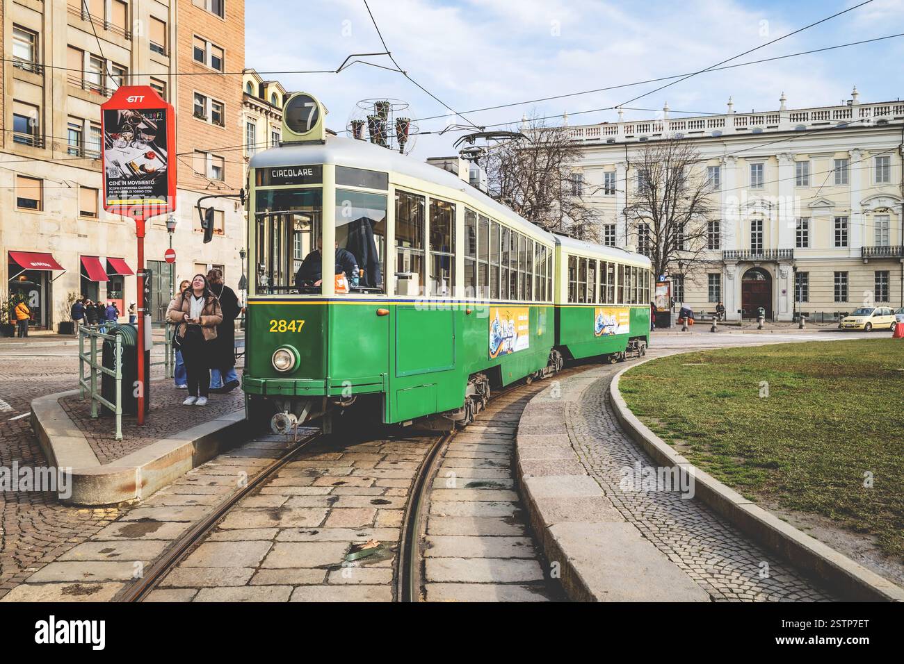 Turin, Italy. Historic tram line 7 at Piazza Carlo Emanuele II tram ...
