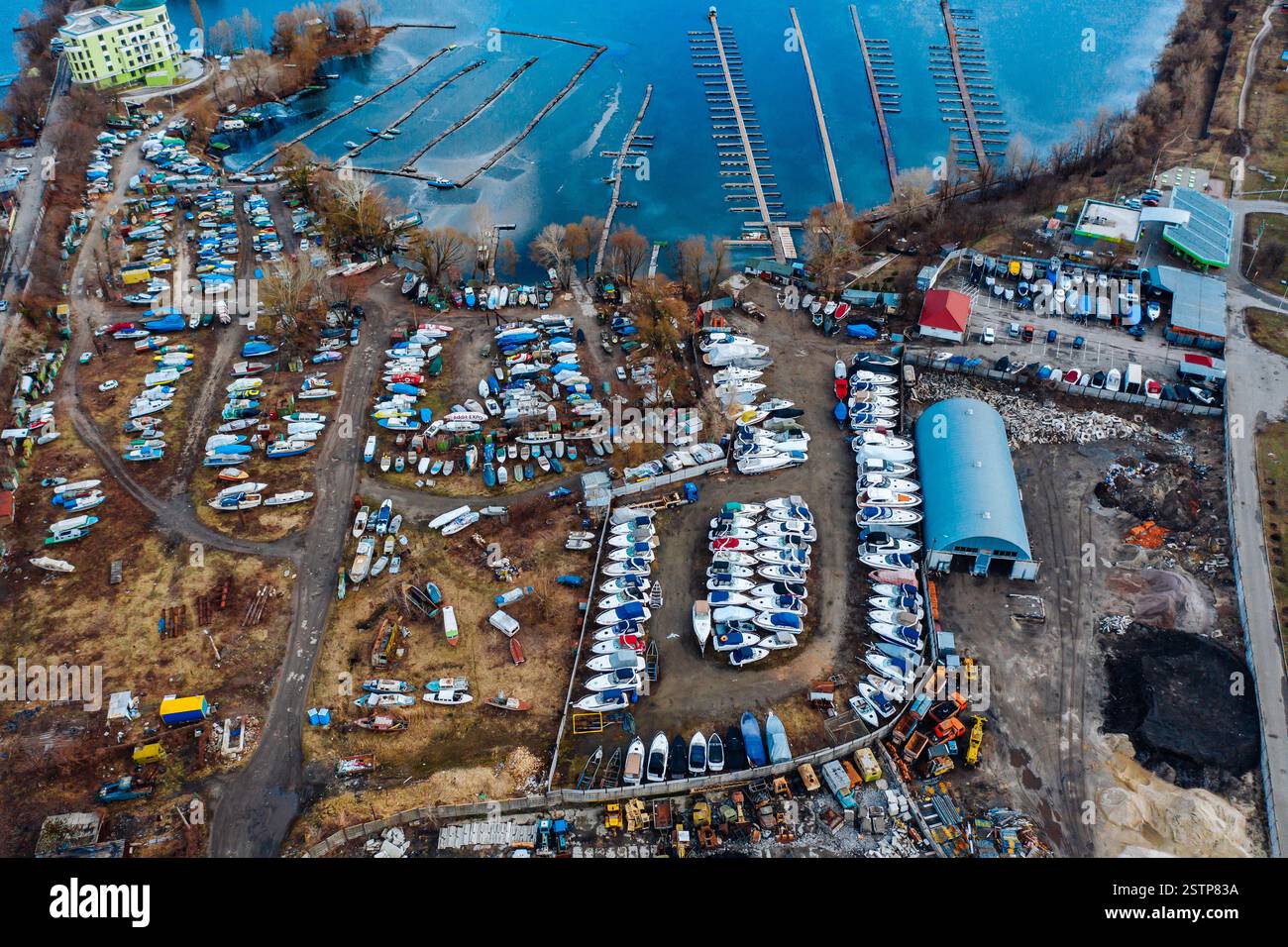Aerial view of boat yard on land. Stored ships during winter time Stock ...
