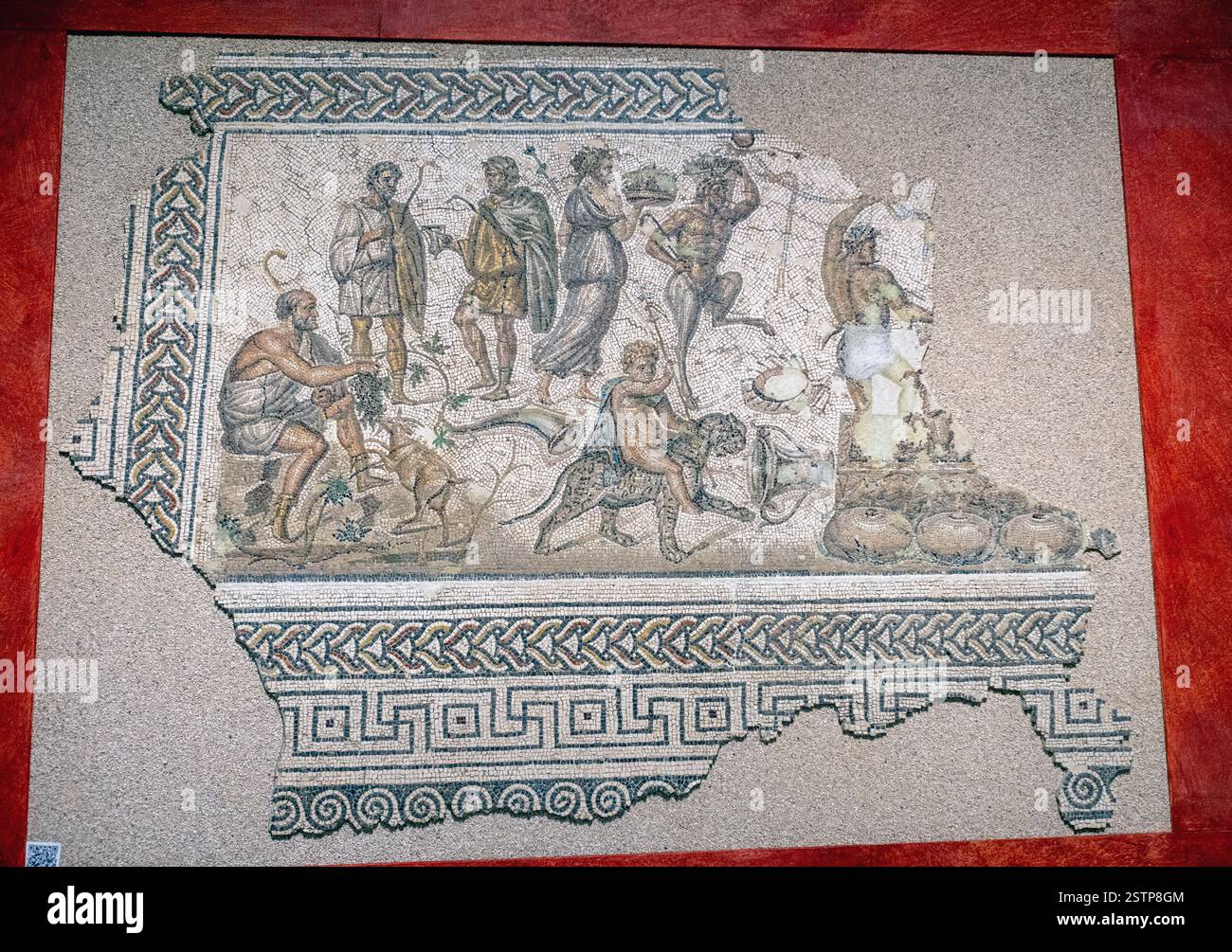 Bacchic mosaic depicting scenes of cultivation of grapes and winemaking ...