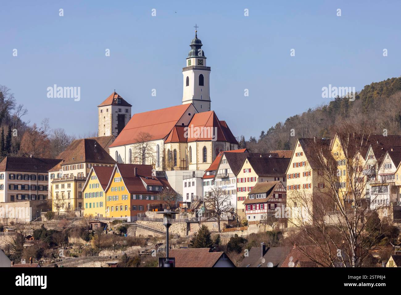 Stadtansicht von Horb am Neckar. Stiftskirche und Schurkenturm. // 18. ...