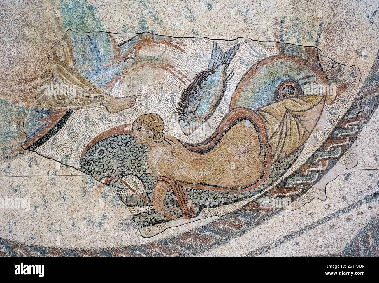 Mosaic of the Nereids, fragment of a mosaic depicting a Nereid riding a hybrid sea monster ...